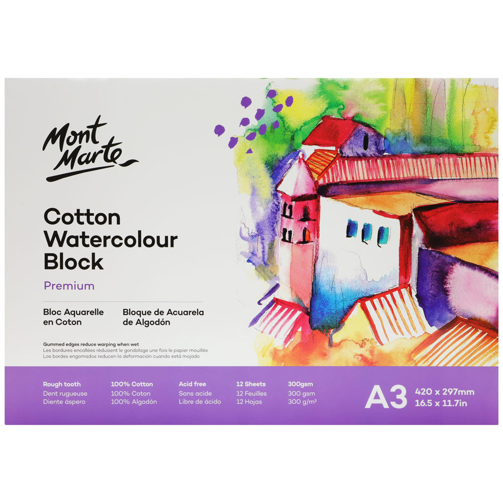 Cotton Watercolour Paper Block Premium 300gsm A3 (16.5 x 11.7in) 12 Sh ...