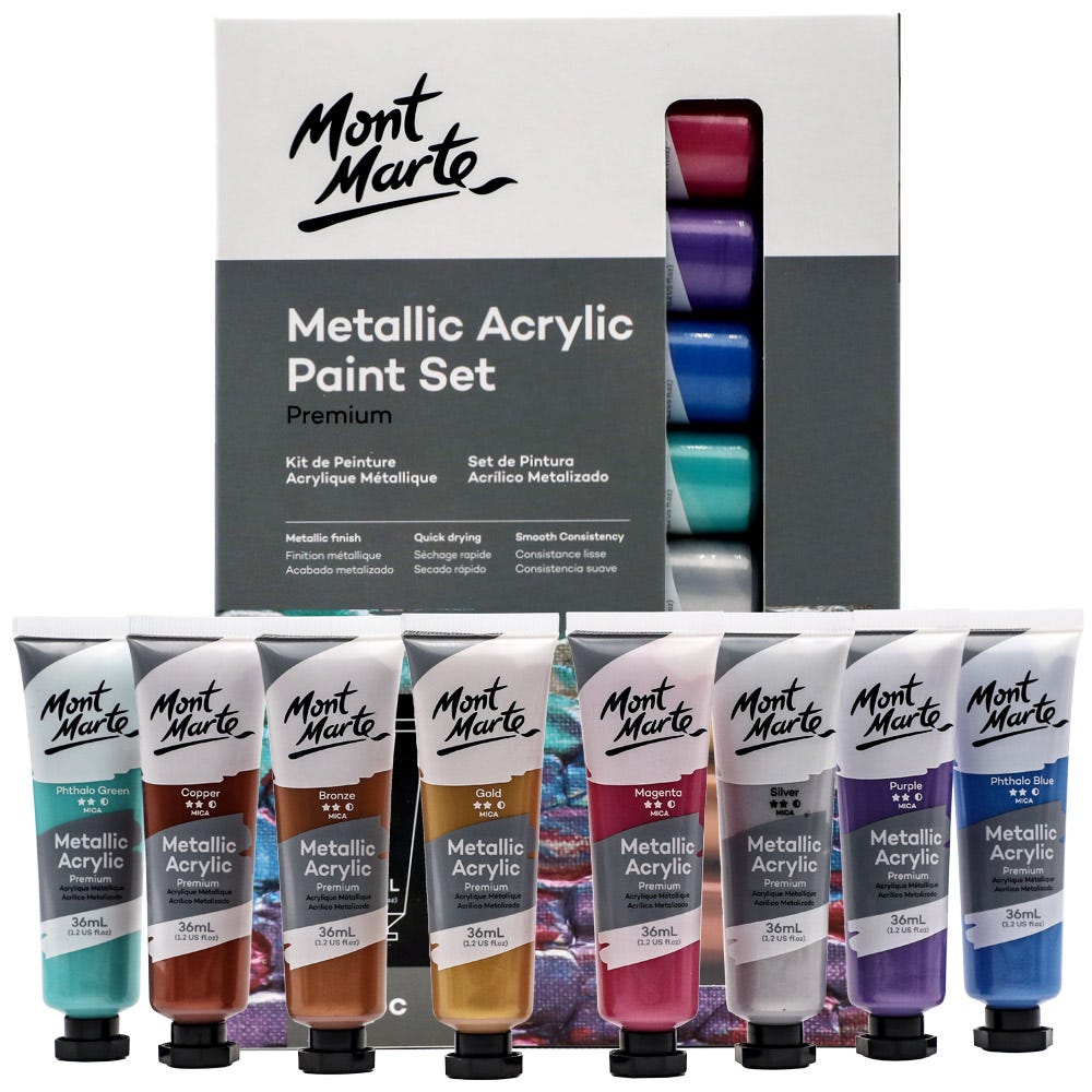 Metallic Acrylic Paint Set Premium 8pc x 36ml 1.2 US fl.oz Mont Marte Global